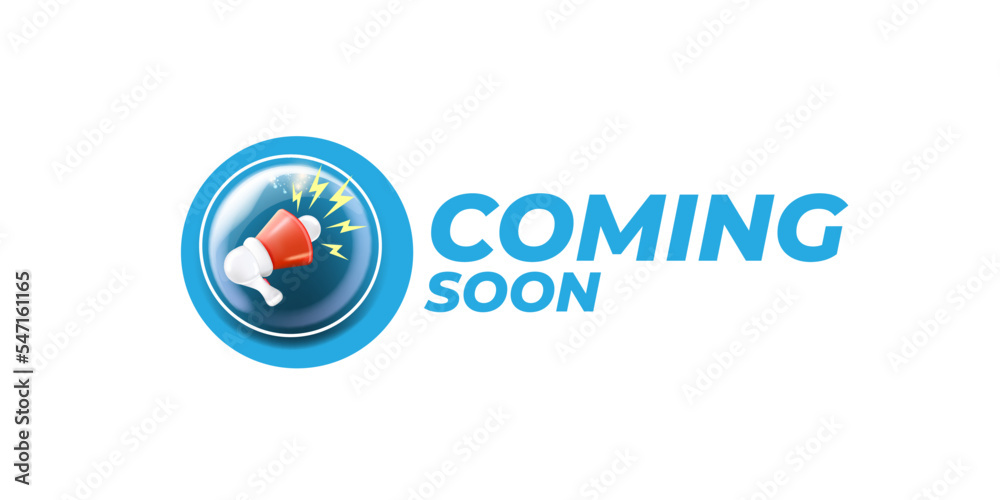 Coming Soon Horizontal Banner With Megaphone And Button On Isolated On