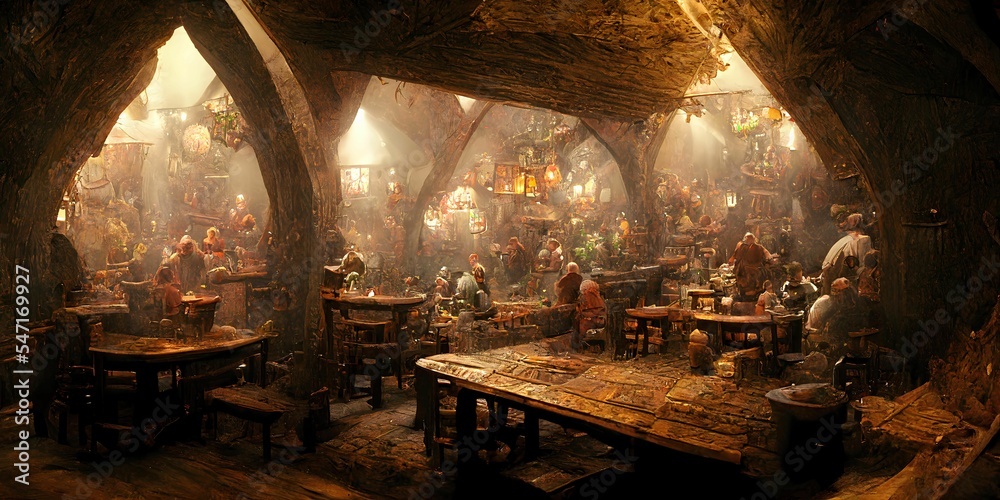 Ilustración de Stock AI-generated interior view of 1200s elven tavern ...