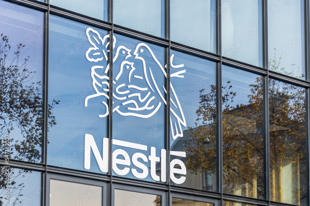 Nestlé logo at the entrance of Nestlé France headquarters building in ...