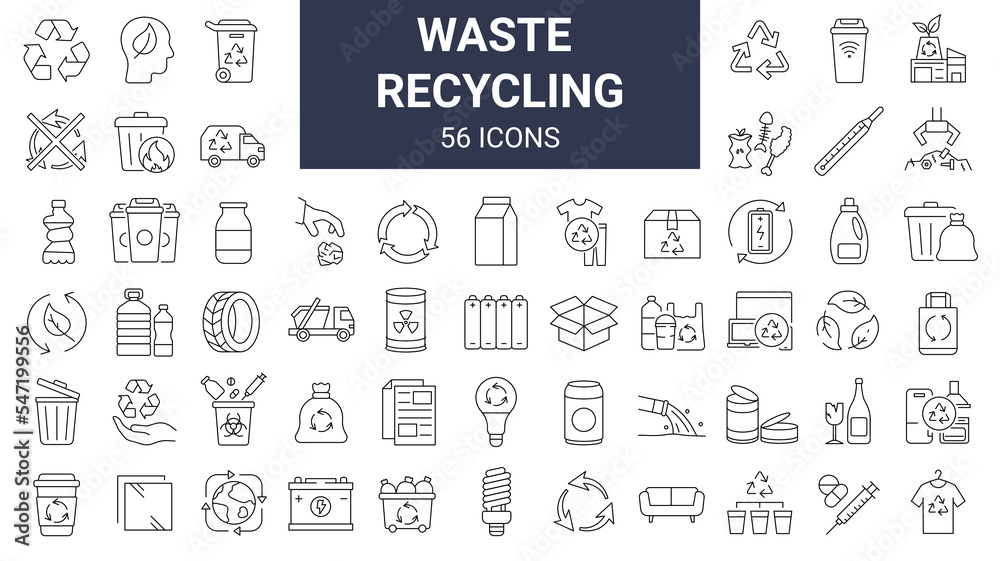 Set of 56 recycling waste line icons. Garbage disposal. Trash ...