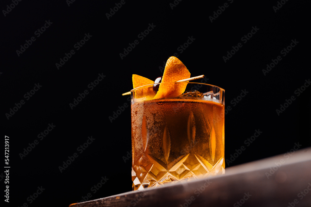 old fashioned cocktail classic bourbon whiskey and bitters, orange peel ...
