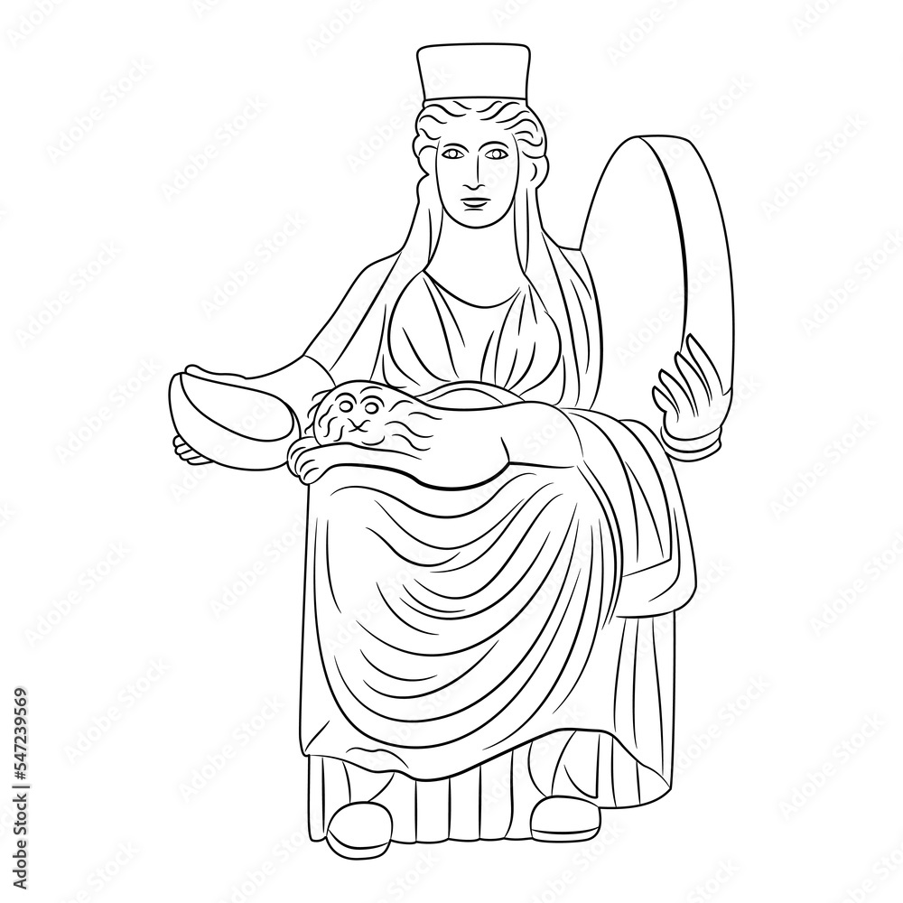 Goddess Cybele. Antique sculpture. Black and white linear silhouette ...