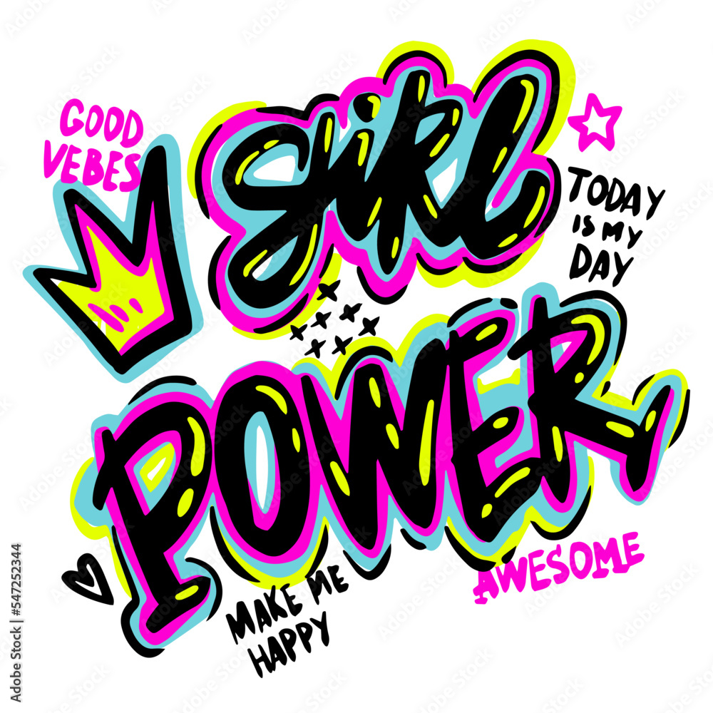 GIRL POWER T-shirts. Hand lettering. Colorful creative design for girls ...