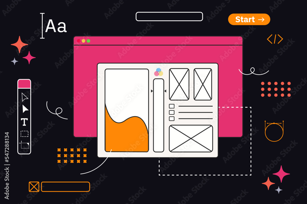UX design and Web design concept. Interface elements and open browser windows on the monitor ...