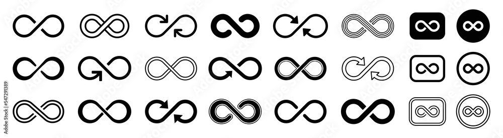 Set of infinity icons. Unlimited, infinite, endless, forever and loop ...