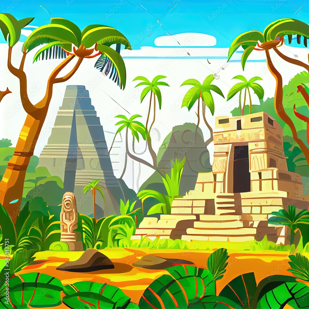 Stock-Illustration „Ancient ruins of aztec temple, statues and pyramid ...