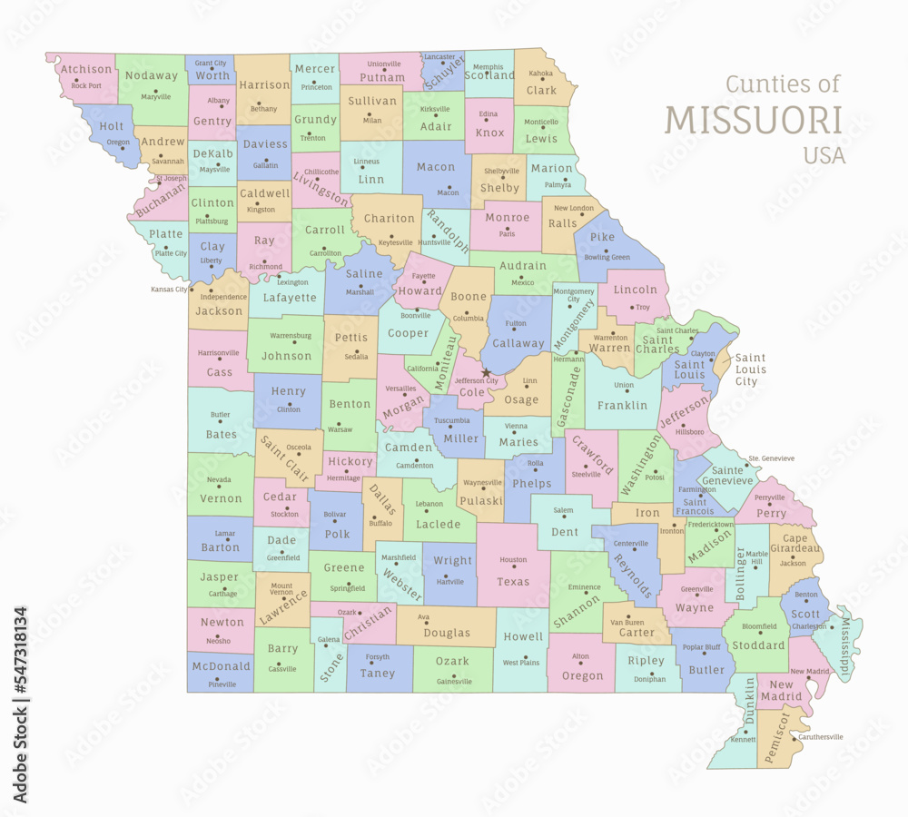 Counties of Missouri, administrative map of USA federal state. Highly ...