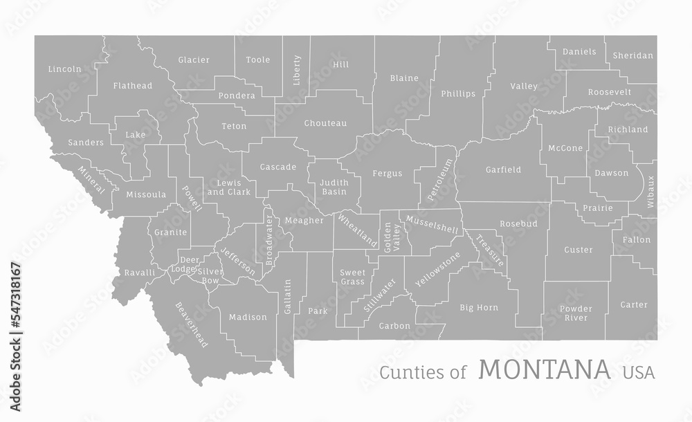 Highly detailed gray map of Montana, US state. Editable administrative ...