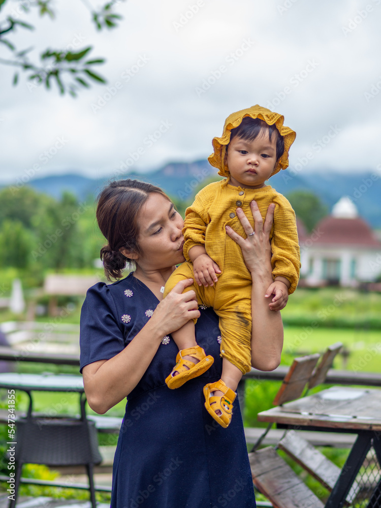 Asian mother and son of Thai nationality and nature at De mala Cafe ...