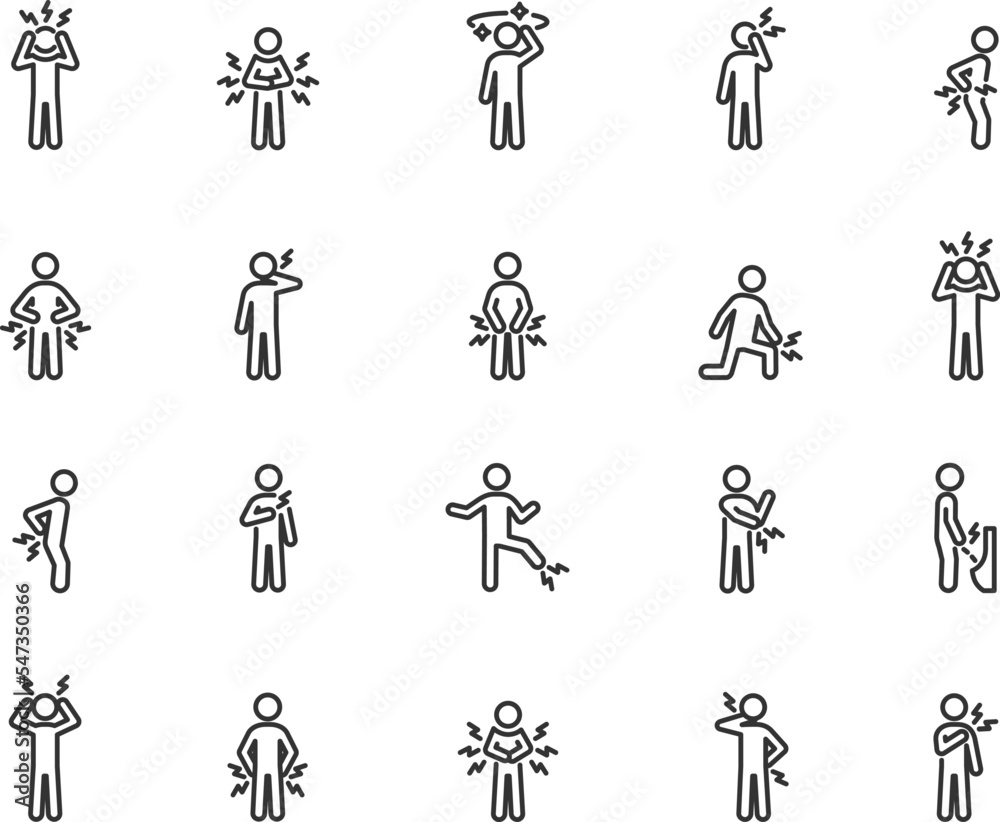 Vector set of body pain line icons. Contains icons pain in, muscle ...