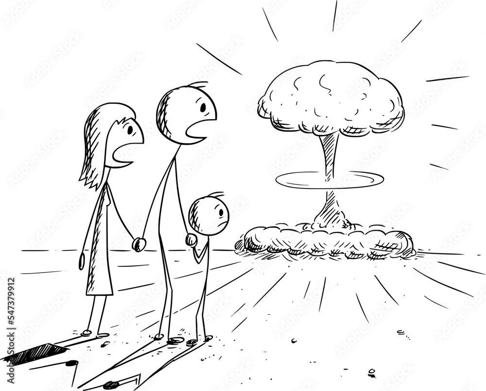 Shocked Family and Nuclear Explosion, Vector Cartoon Stick Figure ...