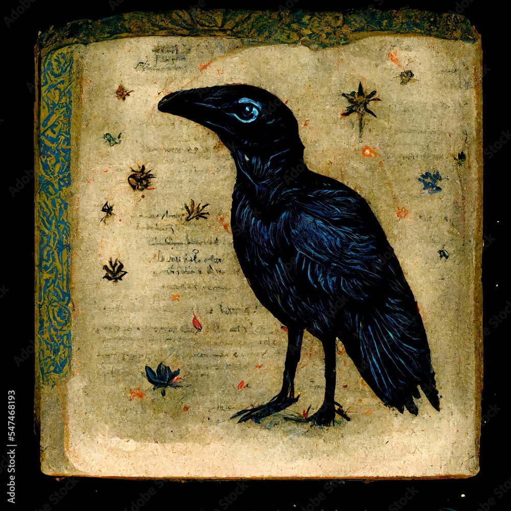 Vintage Painting of an Inquisitive Crow in an Illuminated Manuscript ...