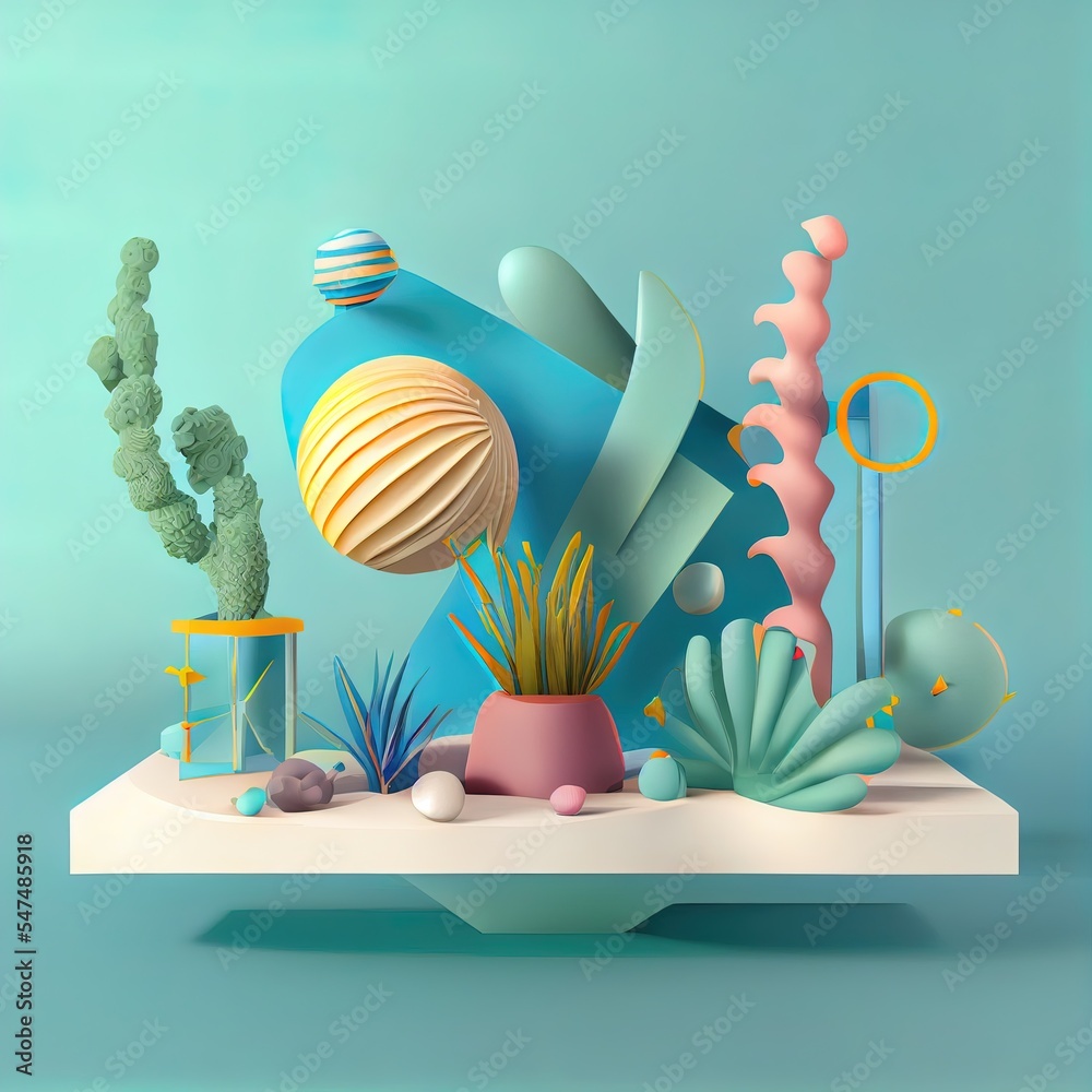 Modern Desktop Stage Arrangement With Decorations 3D Rendering Close up ...