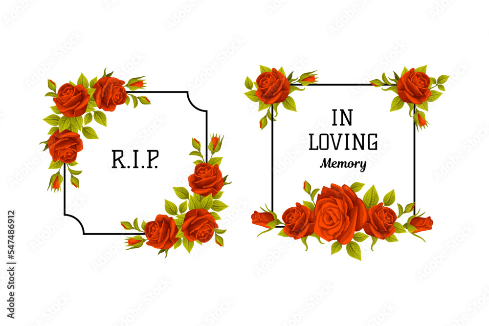 Funeral Red Rose Frame with Quote and Inscription Vector Set Stock ...