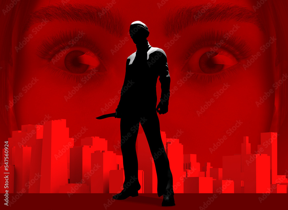 3d render noir thriller illustration of mysterious killer with knife ...