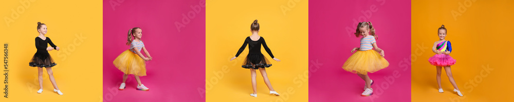 Collage with photos of cute little girls dancing on different color ...