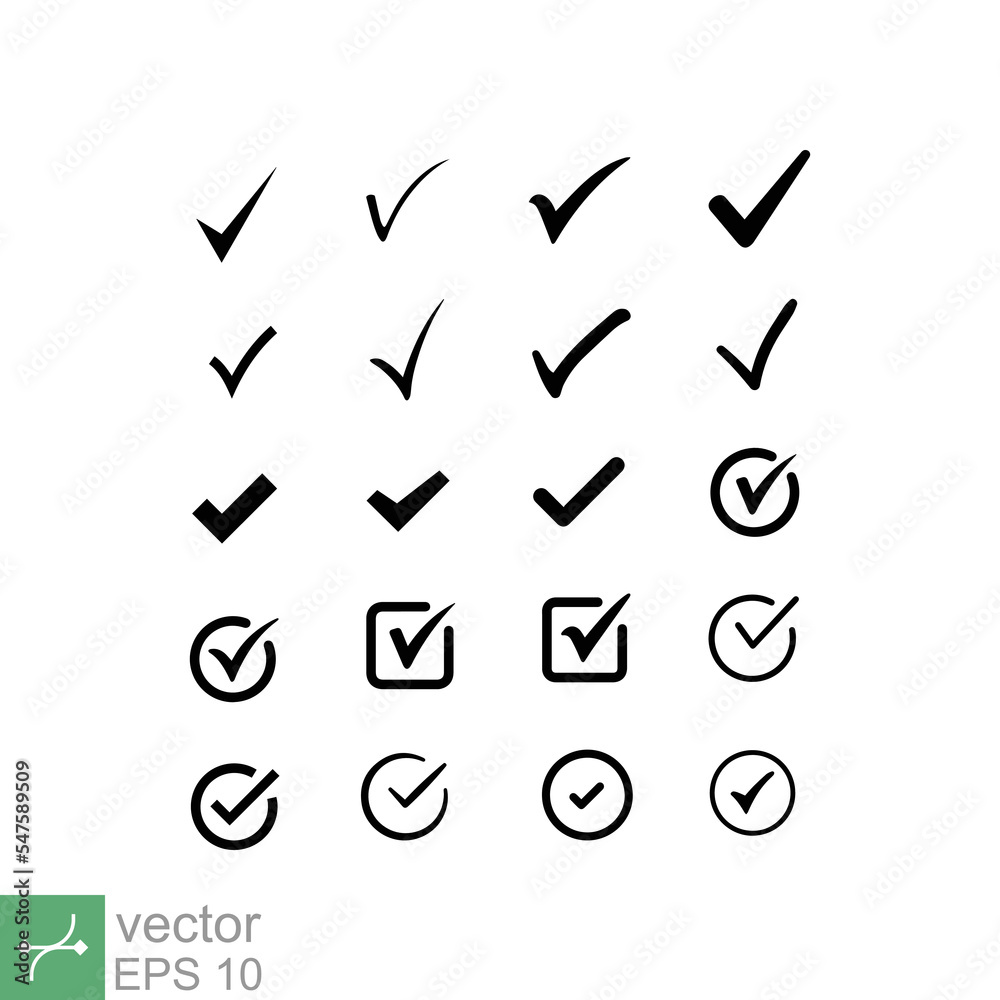 Check mark icon set. Simple flat style. Tick, checkmark, checkbox, checklist, black correct sign ...