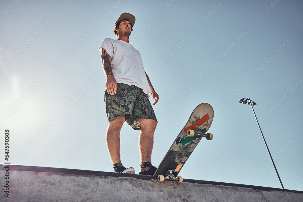 Foto de Stock Sports, skater and low angle of man on ramp preparing for ...