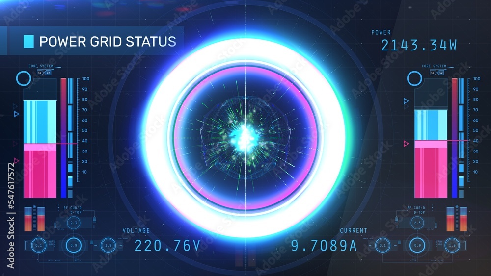 Futuristic electric meter showing energy consumption, voltage, current ...
