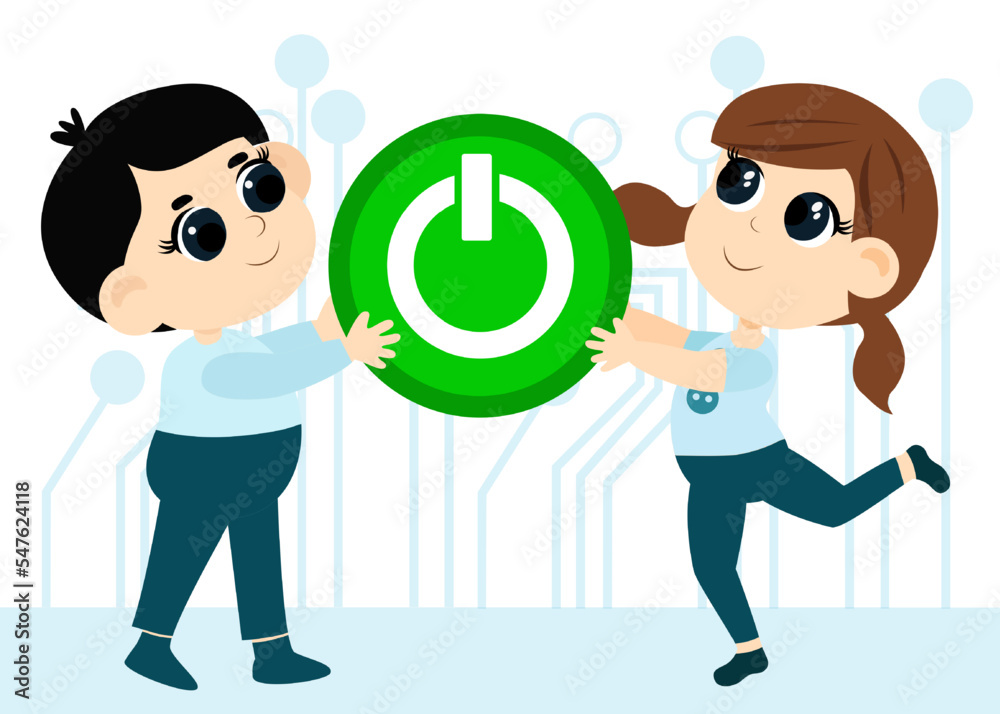 Kid Inventors Day. Cute boy and girl are holding the Power button as a ...