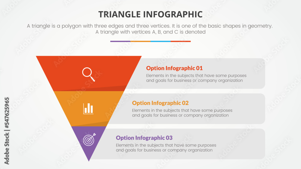 Vector de Stock infographic triangle concept for slide presentation with 3 point list with flat ...