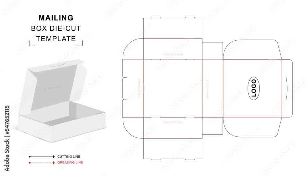 Mailer box die cut template with 3D blank vector mockup for food ...