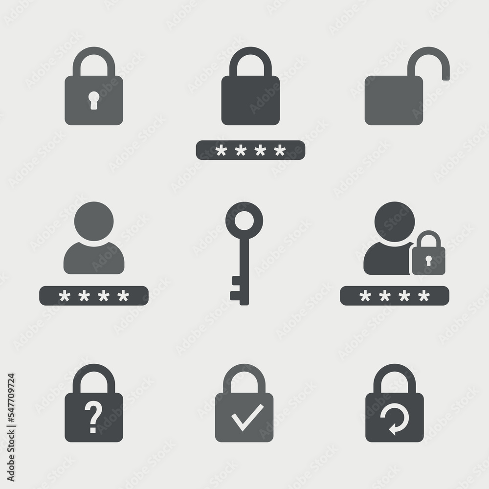 Password icon set. Account protection, security key, danger warning ...