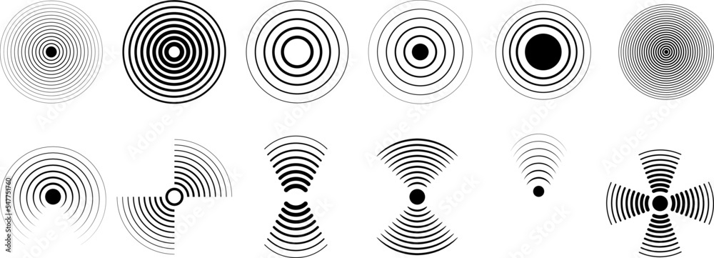 Signal sonar detection, monitor pulse symbol. Waves signals black icons ...