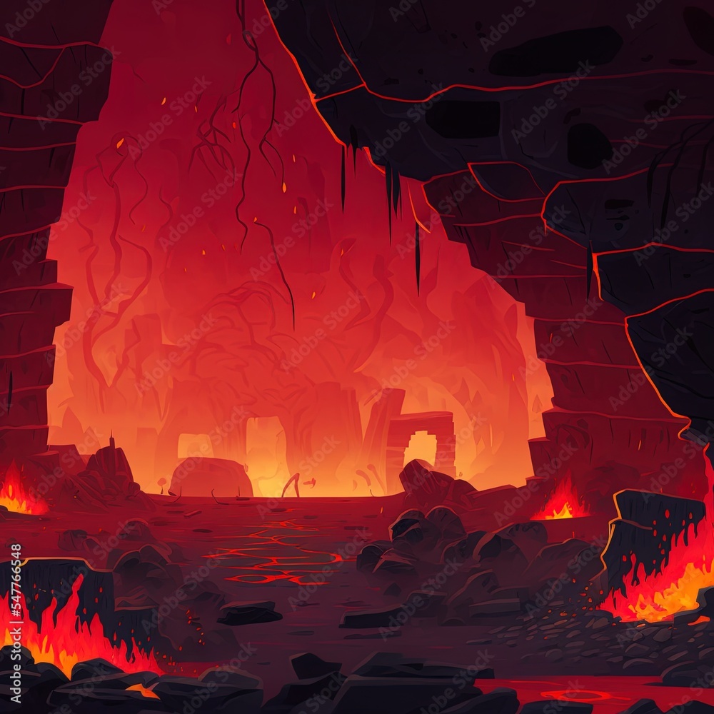 Ilustración de Stock Cave with lava, underground nature landscape with ...