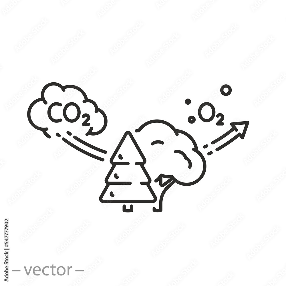 cleaning air icon, trees absorbs CO2 and production O2, recycling ...