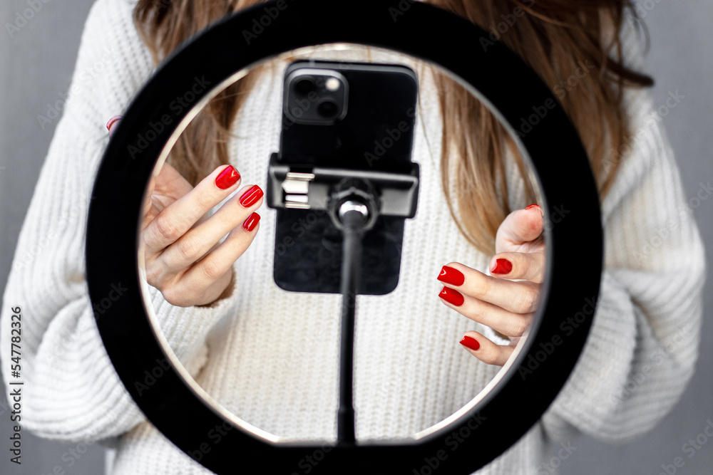 Stock-Foto „woman girl young blogger vlogger talking with followers ...