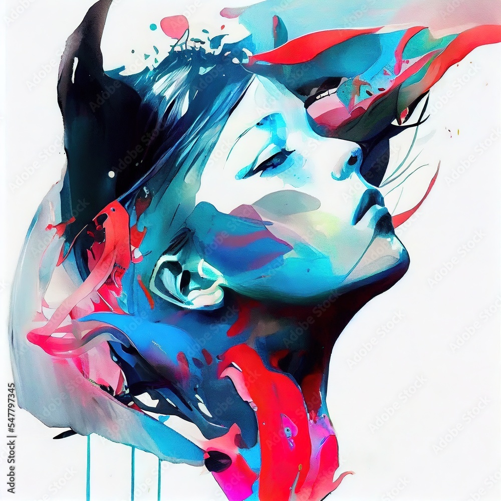 Stunning illustrated portrait of beautiful woman. Spatter and drips of ...