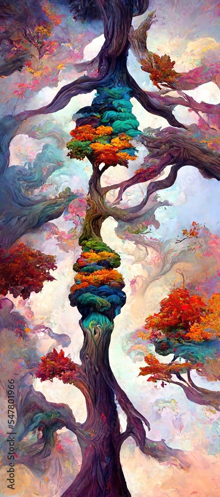 Abstract magical fantasy woods - vibrant autumn fall colors, misty fog ...