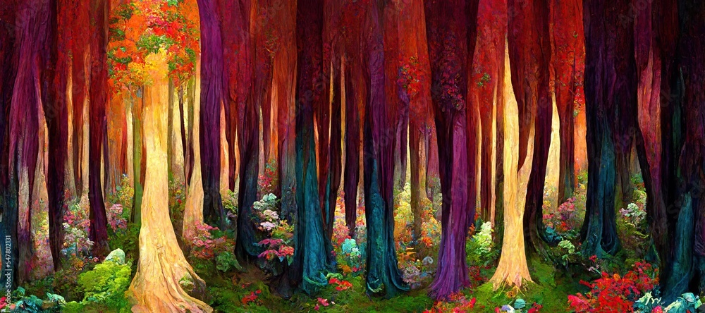 Abstract magical fantasy woods - vibrant autumn fall colors, misty fog ...