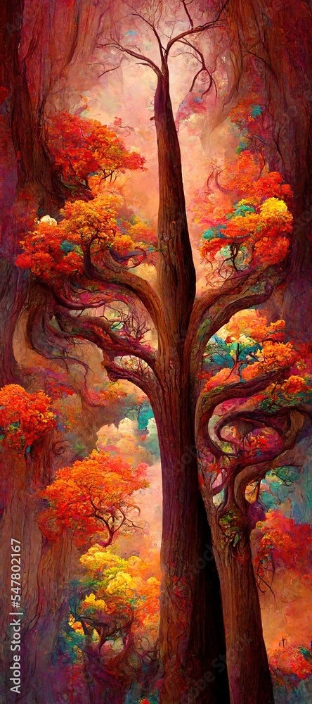 Abstract magical fantasy woods - vibrant autumn fall colors, misty fog ...