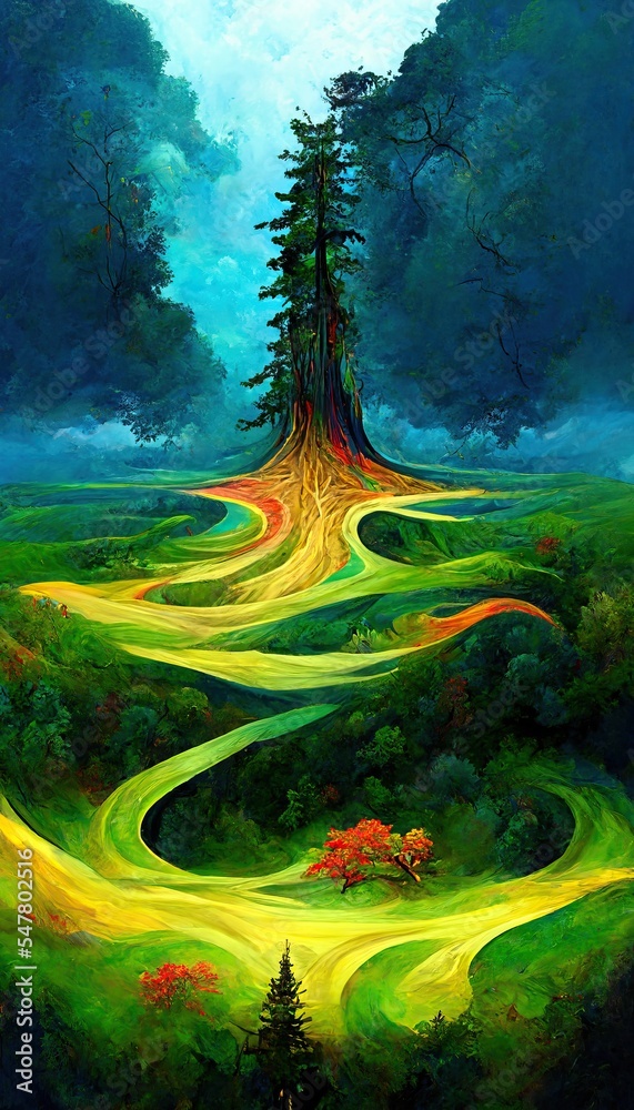 Abstract magical fantasy woods - vibrant autumn fall colors, misty fog ...