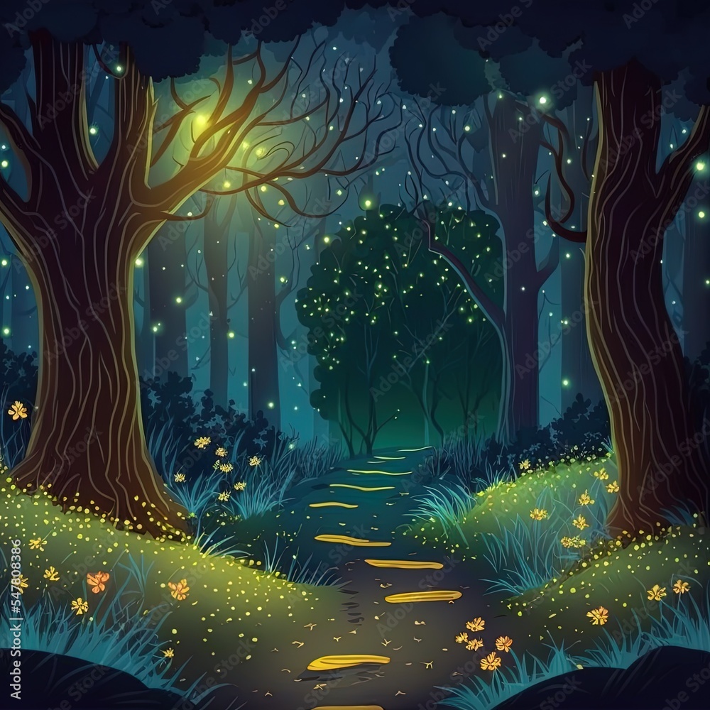 Magic forest with trees, bushes and gold spots on grass at night. 2d ...