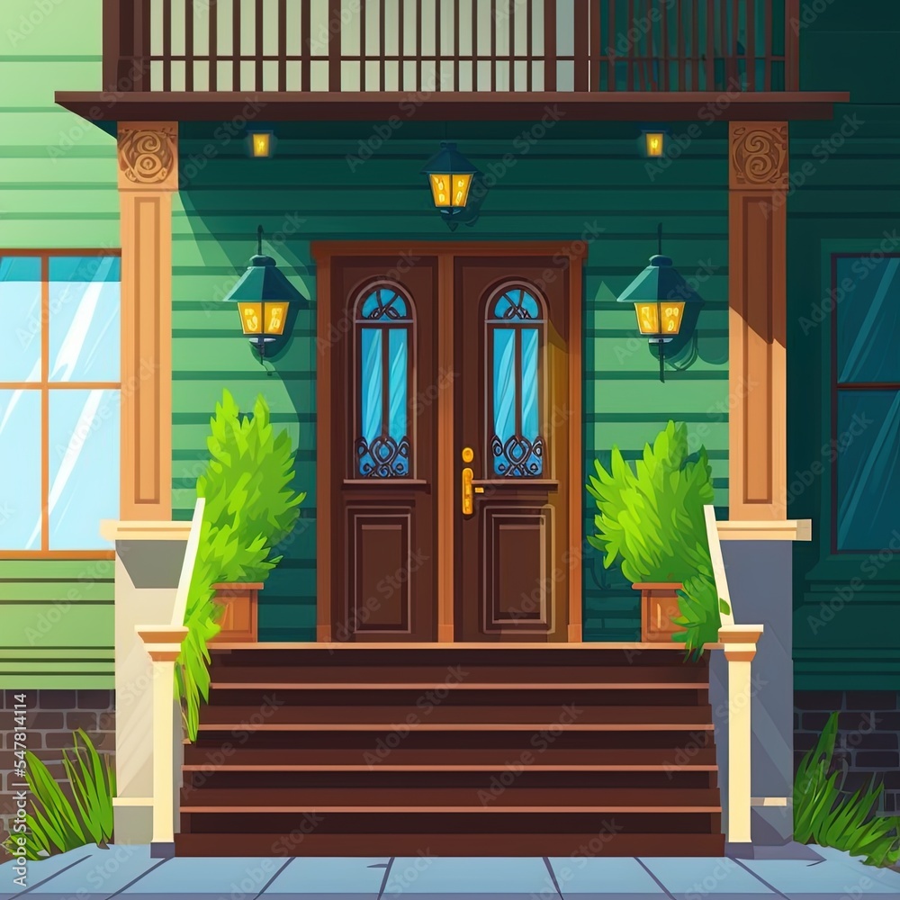 House facade with wooden porch and steps. 2d illustrated cartoon ...