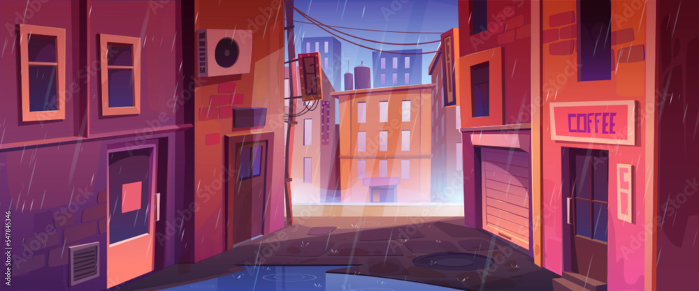 Back street alley with houses, store and cafe in rain. Empty alleyway ...