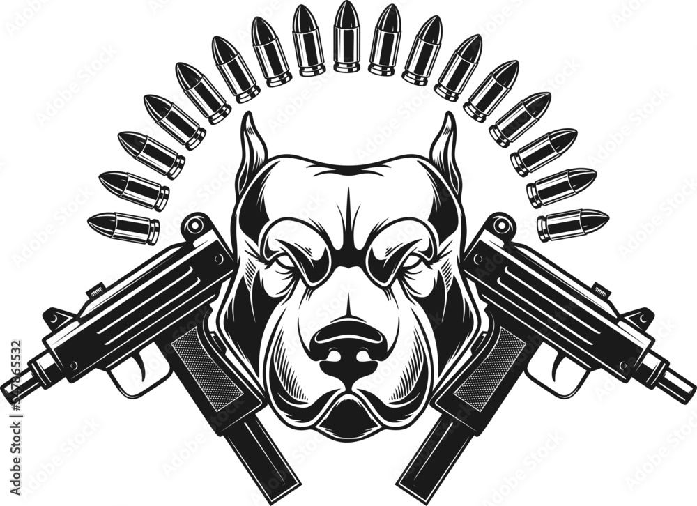 Angry dog head with crossed assault rifles. Design element for poster ...