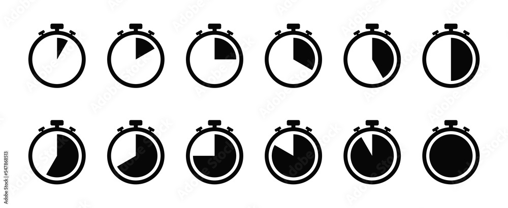 Stopwatch icon set, Timer, clock, and stopwatch symbol. 5 minutes to 1 ...