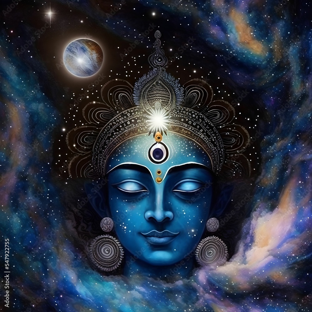 Illustration of Lord Krishna in the center of the multiverse surrounded ...