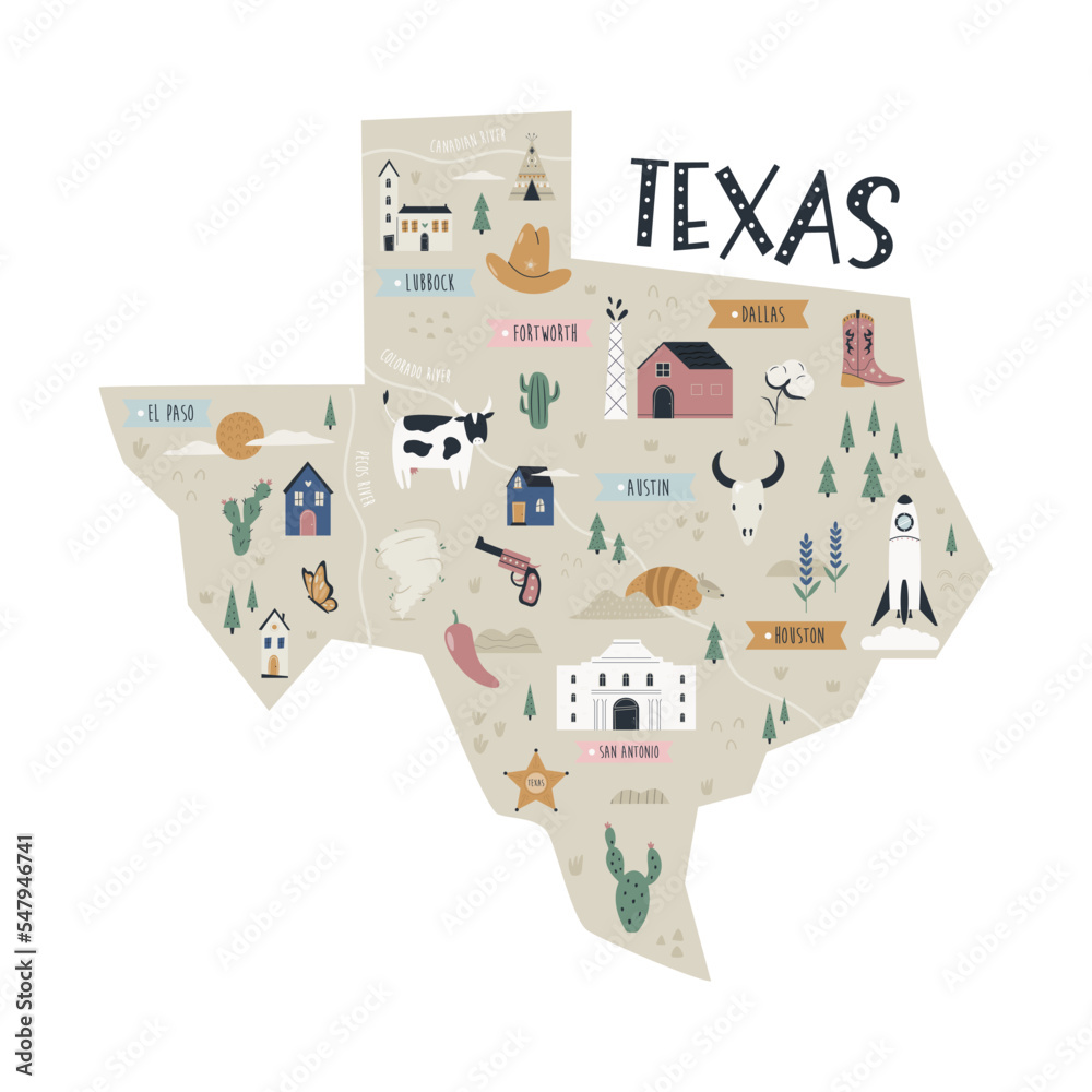 Texas map state with landmarks and symbols. Stock Vector | Adobe Stock