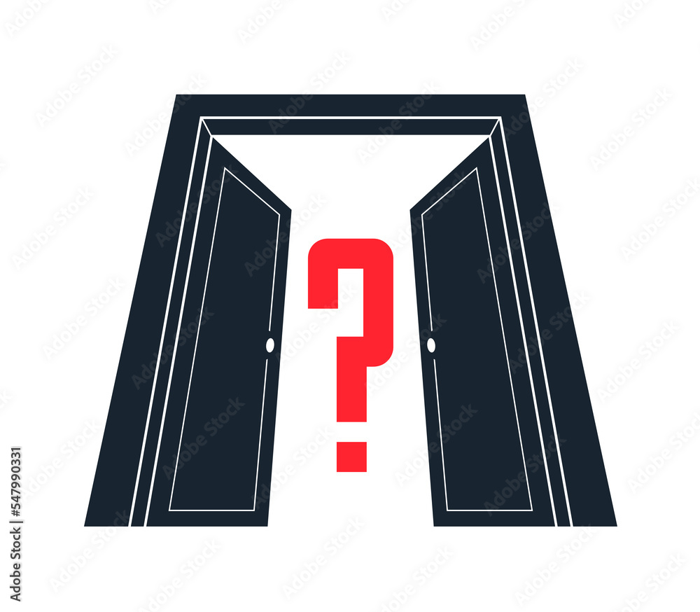 Secret door vector concept, half open door with question mark on it ...