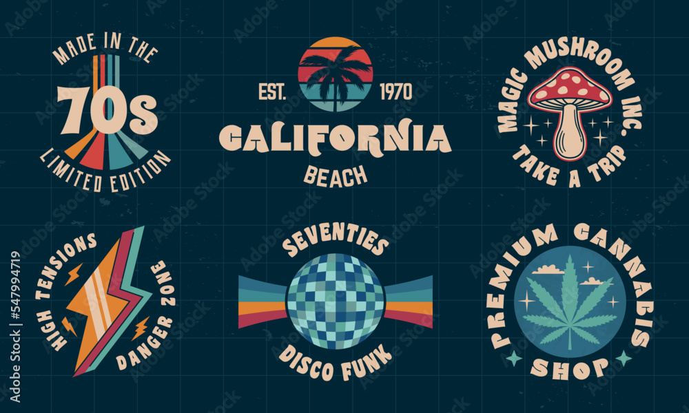 Signs and logos in retro Groovy style. Retro 70's logos set for disco club, music album, party ...