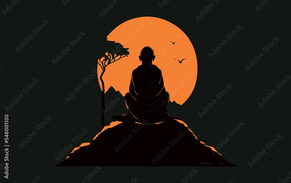 Monk meditating. Vector art of meditation. Buddhism religion Tradition ...