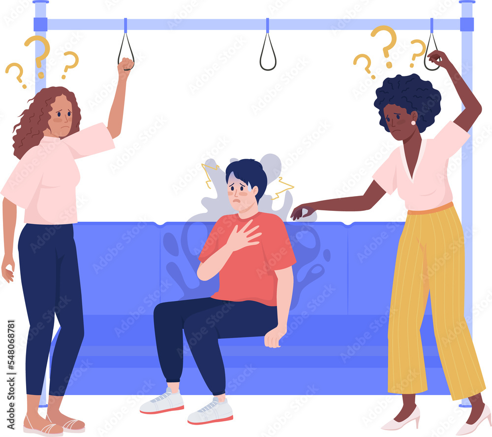 Panic attack on public bus semi flat color raster characters. Posing ...