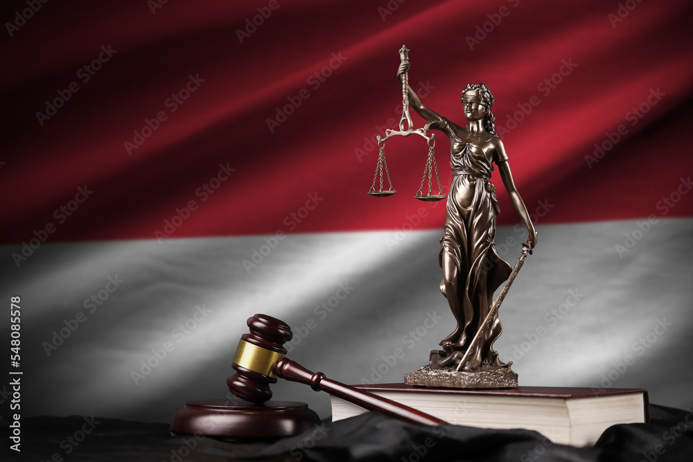 Indonesia flag with statue of lady justice, constitution and judge ...