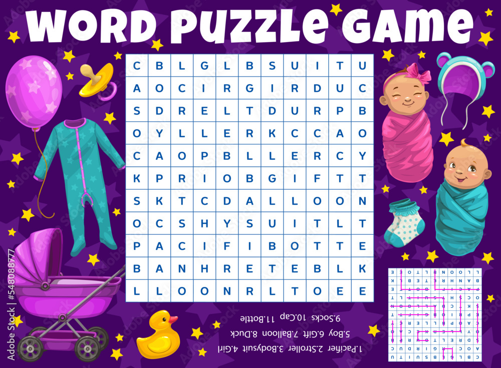 Cartoon newborns and kids toys word search puzzle game worksheet, kids ...