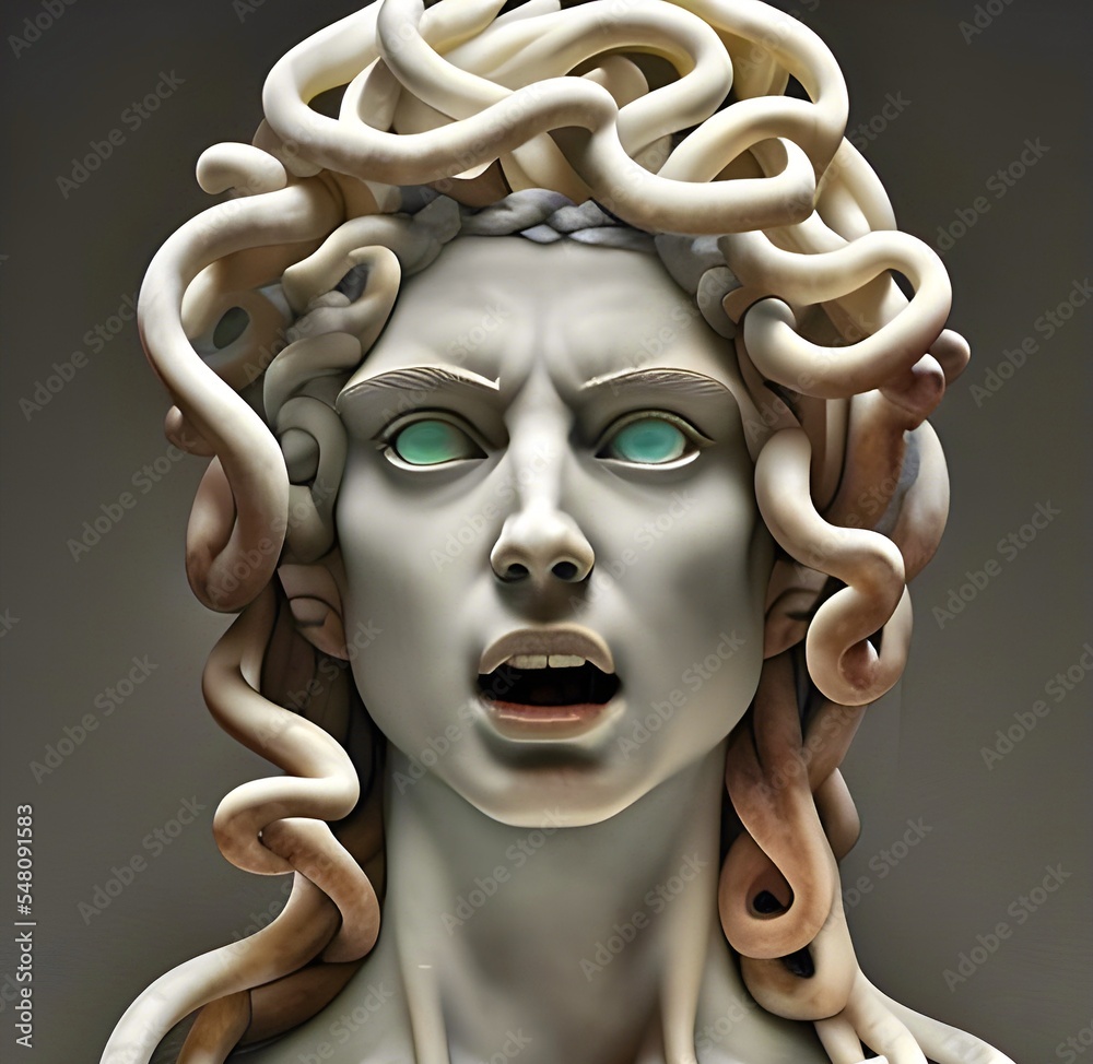 Ilustración de Stock 3D illustration of a white marble bust of Medusa ...
